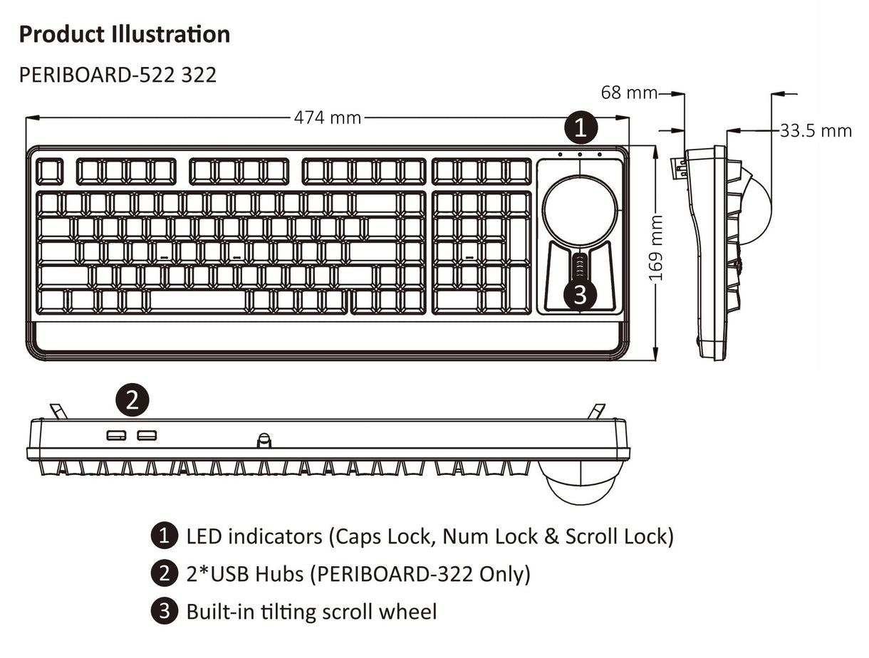 PERIBOARD-322 Wired Backlit Trackball Keyboard with Extra USB Ports ...